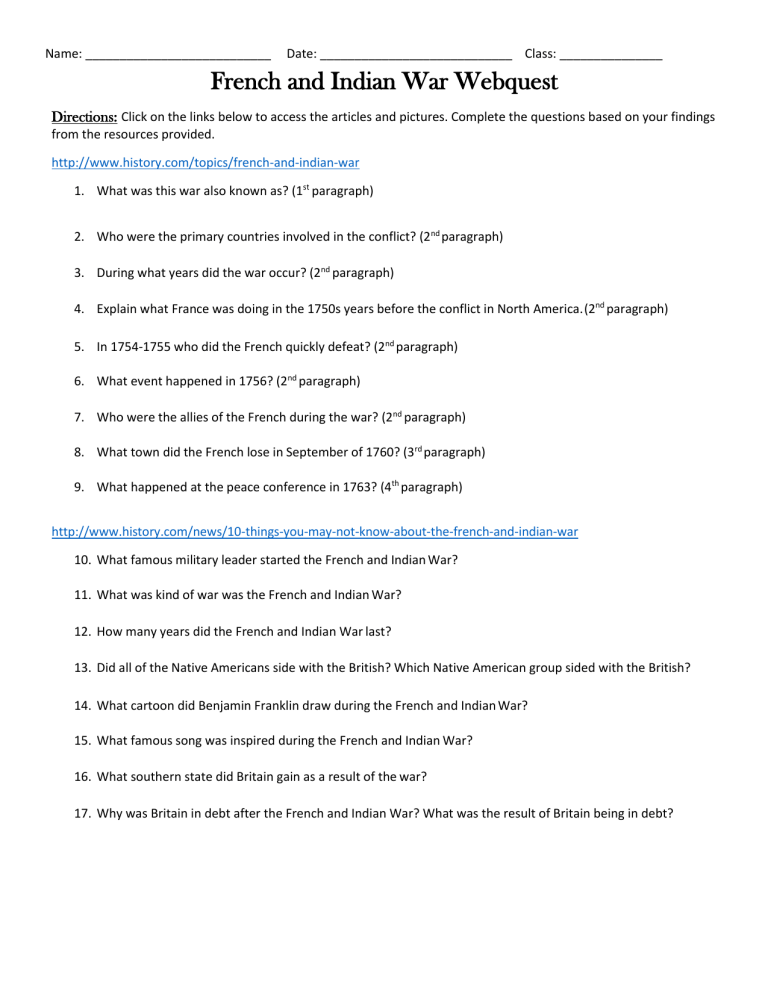 French and Indian War Webquest Worksheet