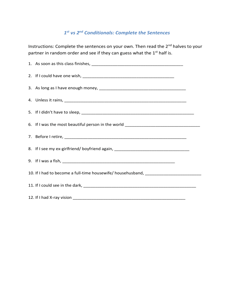 1st & 2nd Conditionals Worksheet: Sentence Completion