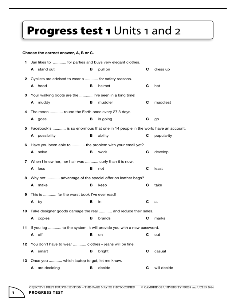 English Test: Units 1 & 2 - Vocabulary & Grammar