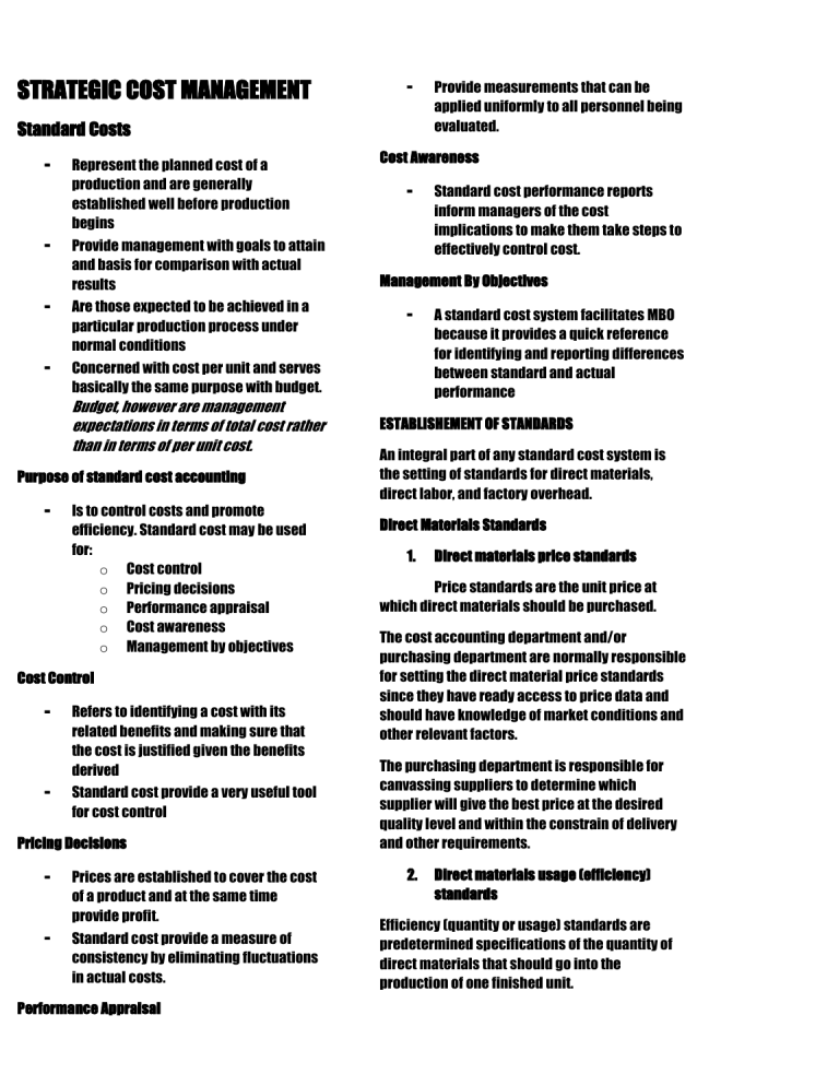 Strategic Cost Management: Standard Costs Guide