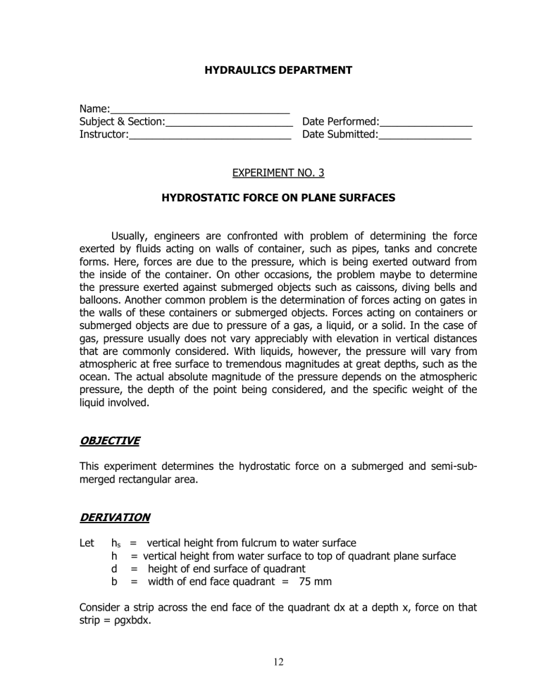 Hydrostatic Force on Plane Surfaces Lab Report
