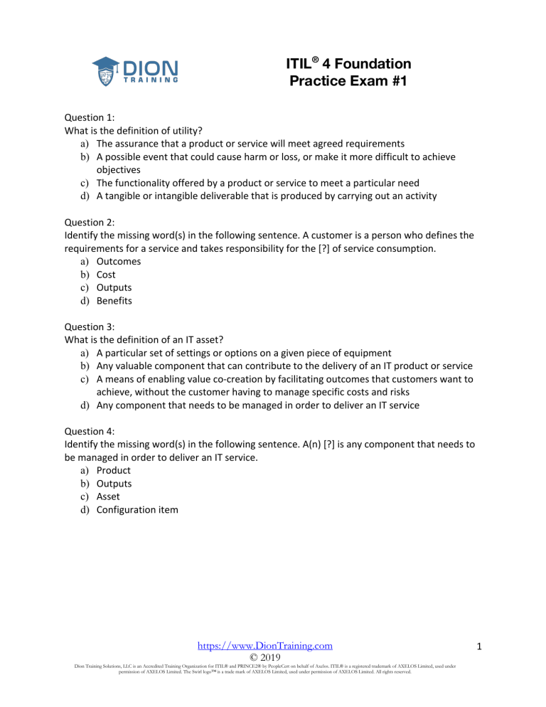 ITIL 4 Foundation Practice Exam #1