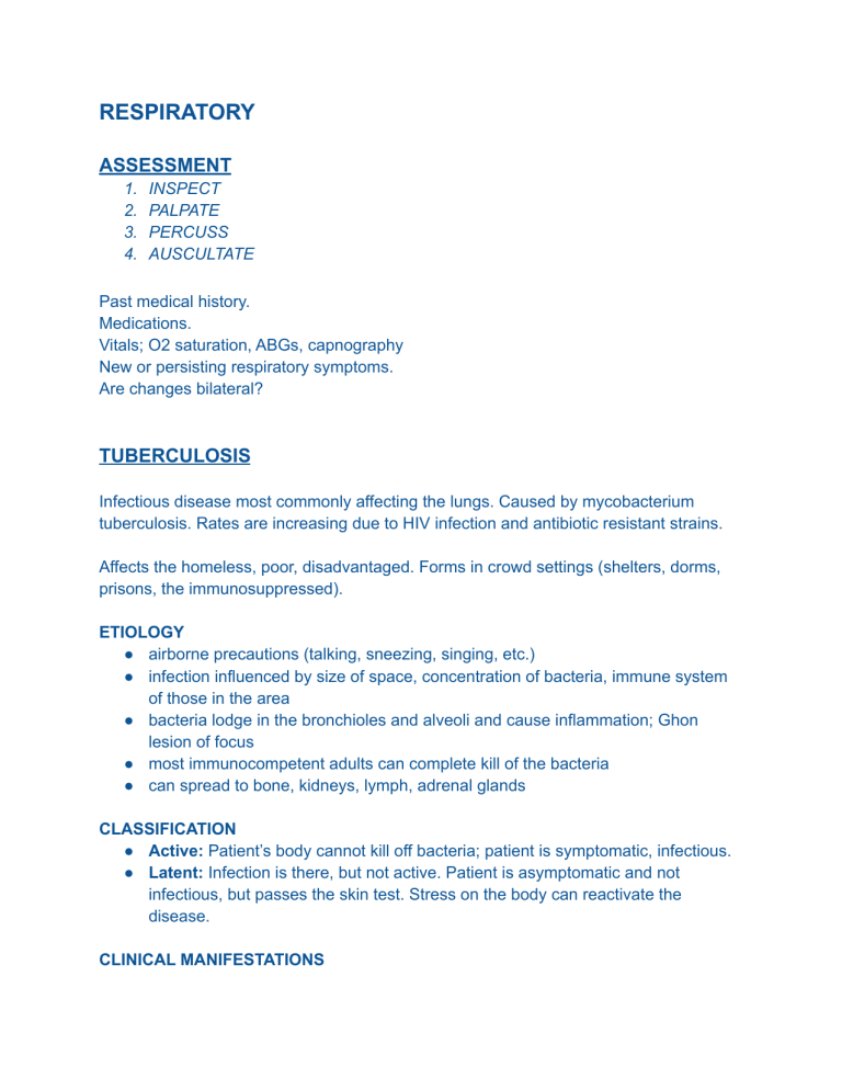 Respiratory Assessment Study Guide: TB, Trauma, Pneumothorax