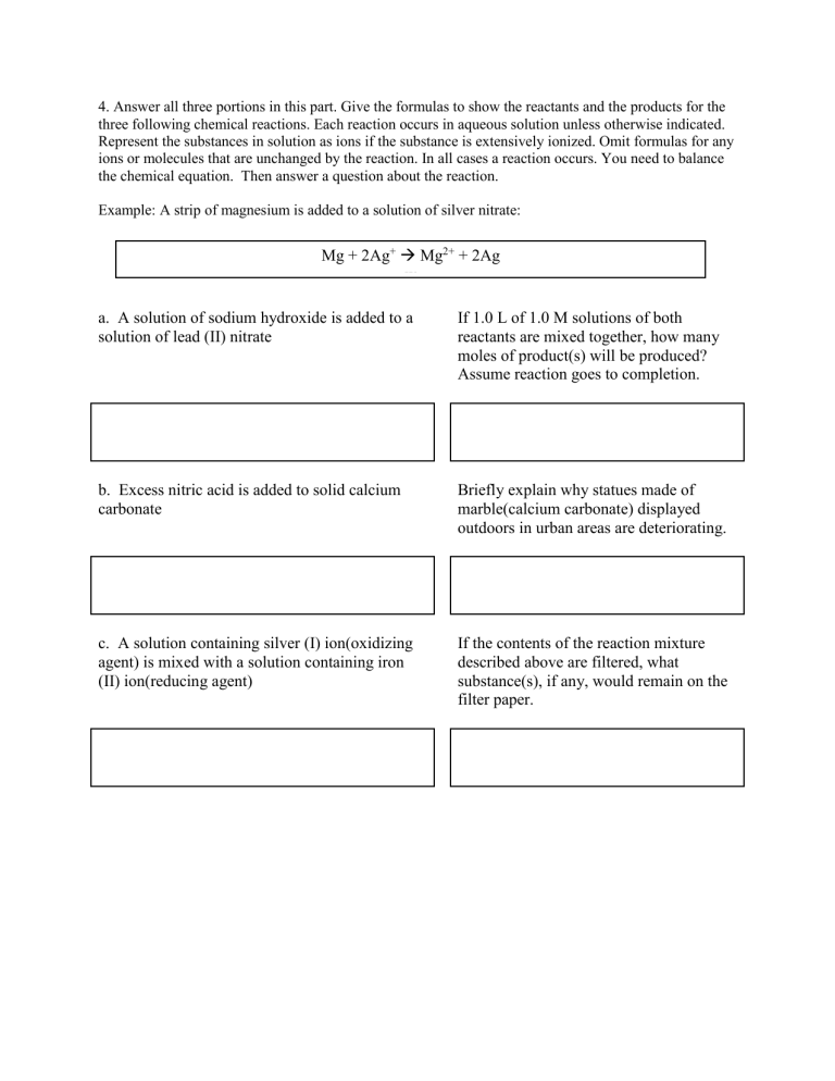 Chemistry Reactions Worksheet