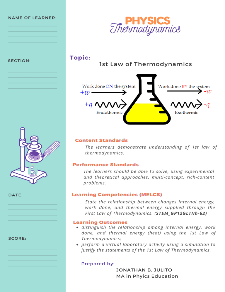 1st Law of Thermodynamics Worksheet