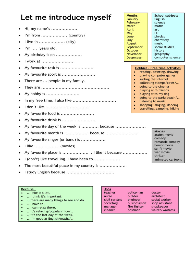 English Self-Introduction Worksheet for ESL Learners