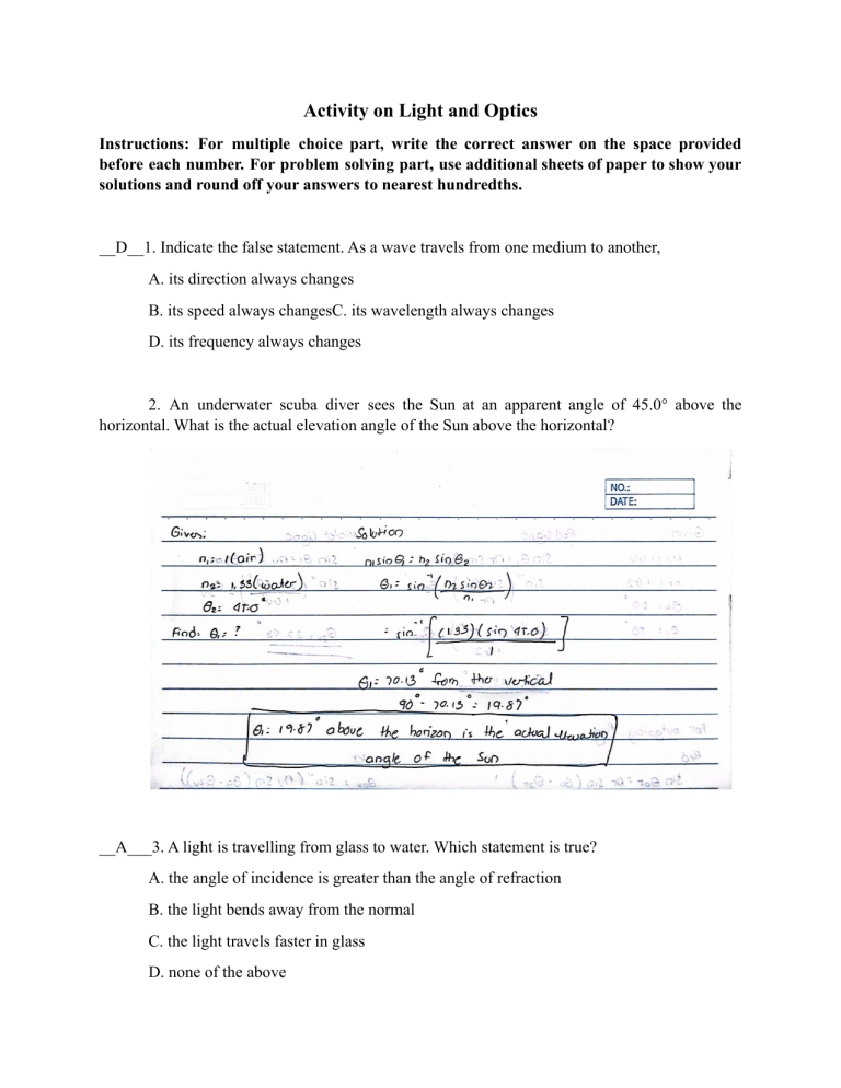 Light and Optics Activity Sheet - High School Physics