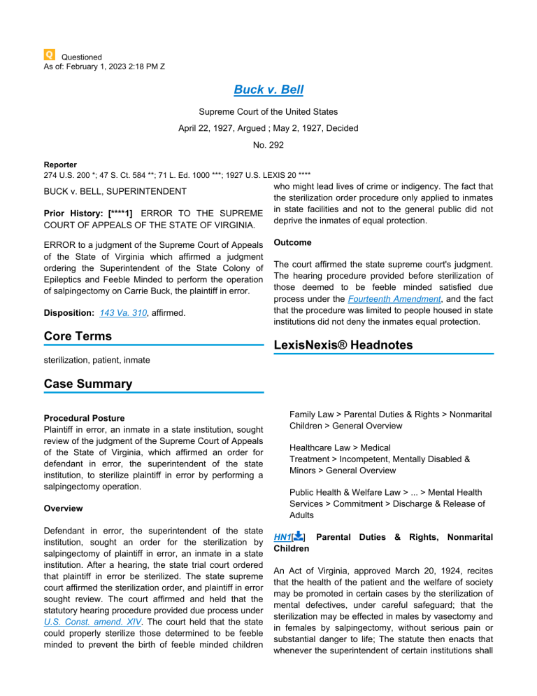 Buck v. Bell: Sterilization & Constitutional Law Case Summary