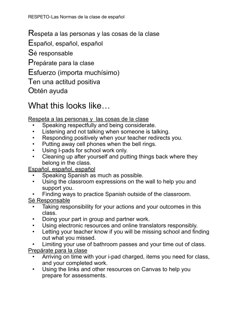 Spanish Class Rules: Respect, Responsibility, Effort