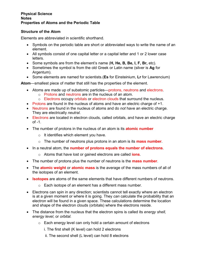 Atoms & Periodic Table: Physical Science Notes
