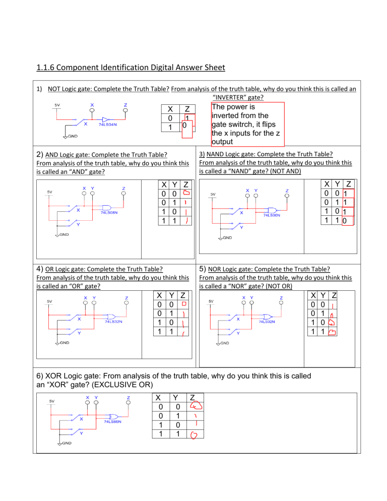 Digital Logic Gates & 555 Timer Answer Sheet