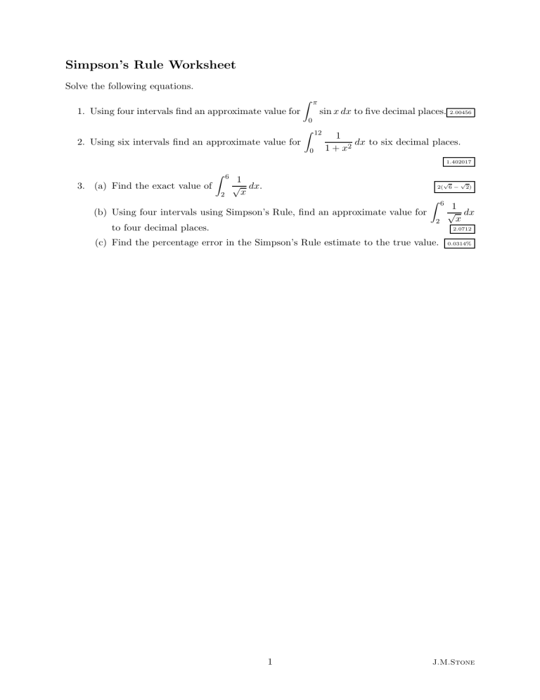 Simpson's Rule Worksheet: Calculus Integration Practice