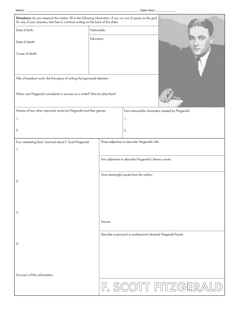 F. Scott Fitzgerald Research Worksheet