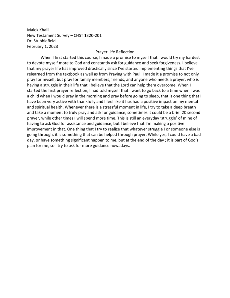 Prayer Life Reflection Paper