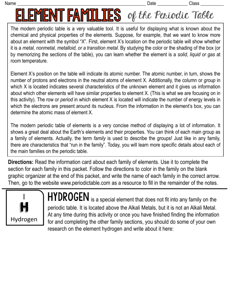 Periodic Table Element Families Worksheet