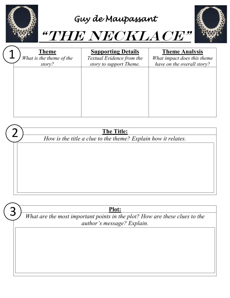 The Necklace Worksheet: Theme, Plot, Characters Analysis