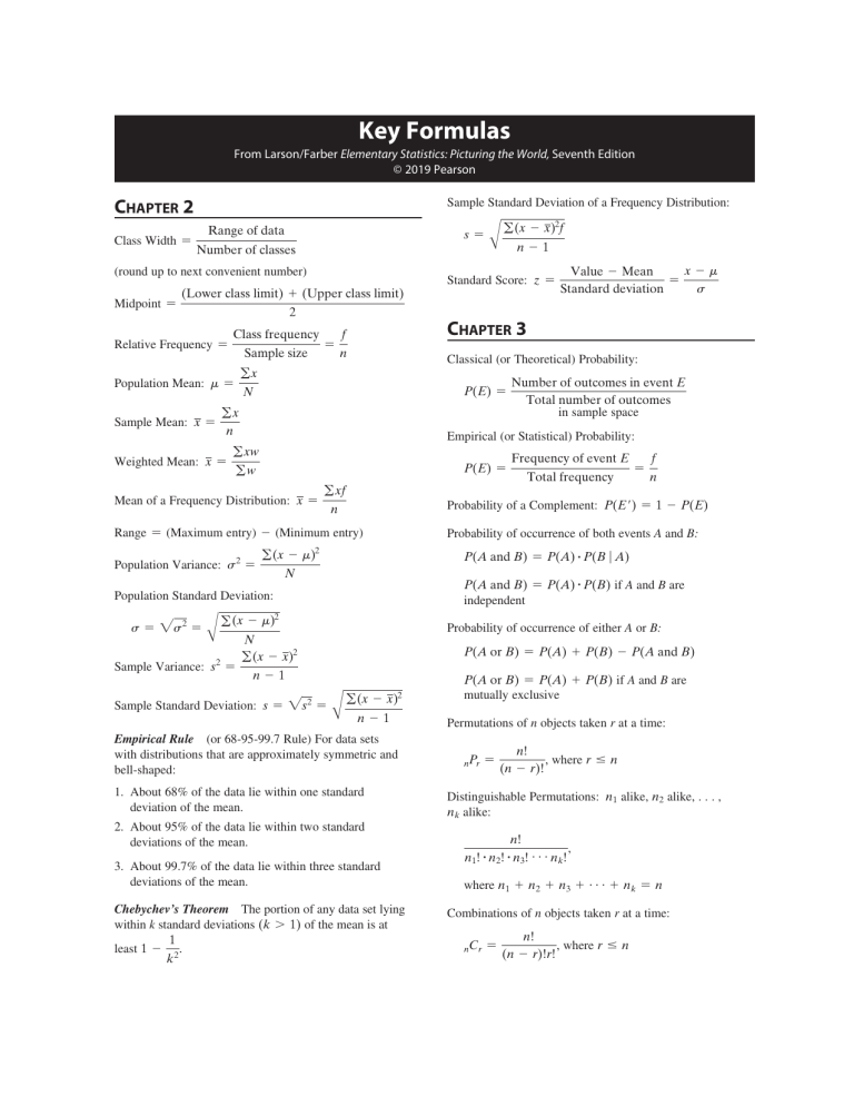 Elementary Statistics Key Formulas Sheet