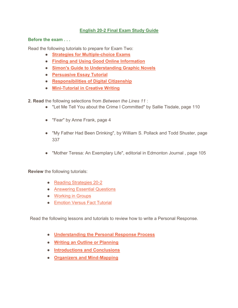 English 20-2 Final Exam Study Guide