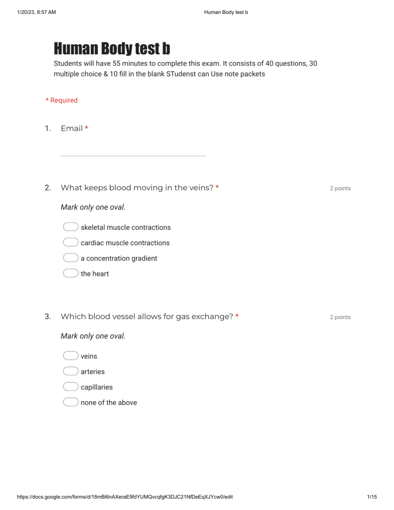 Human Body Test: Circulatory, Respiratory, Excretory Systems