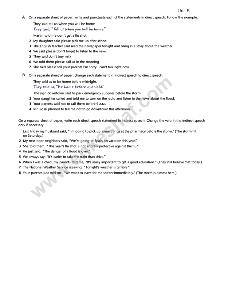 Direct & Indirect Speech Worksheet