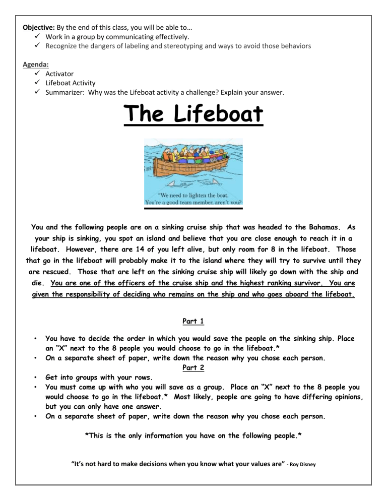 Lifeboat Activity: Morals, Values, Stereotyping Worksheet