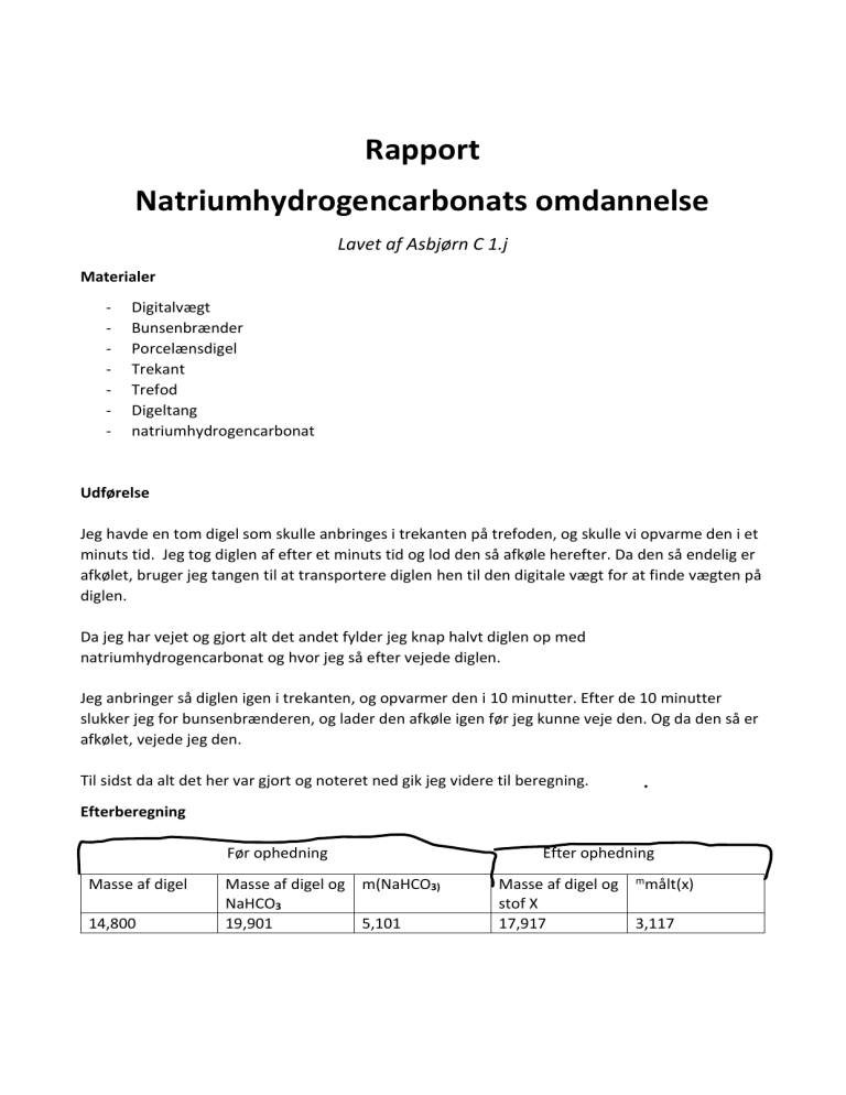 Natriumhydrogencarbonats omdannelse - Kemi rapport