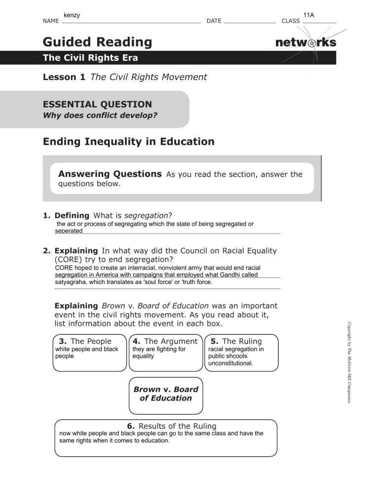 Civil Rights Era Guided Reading Worksheet