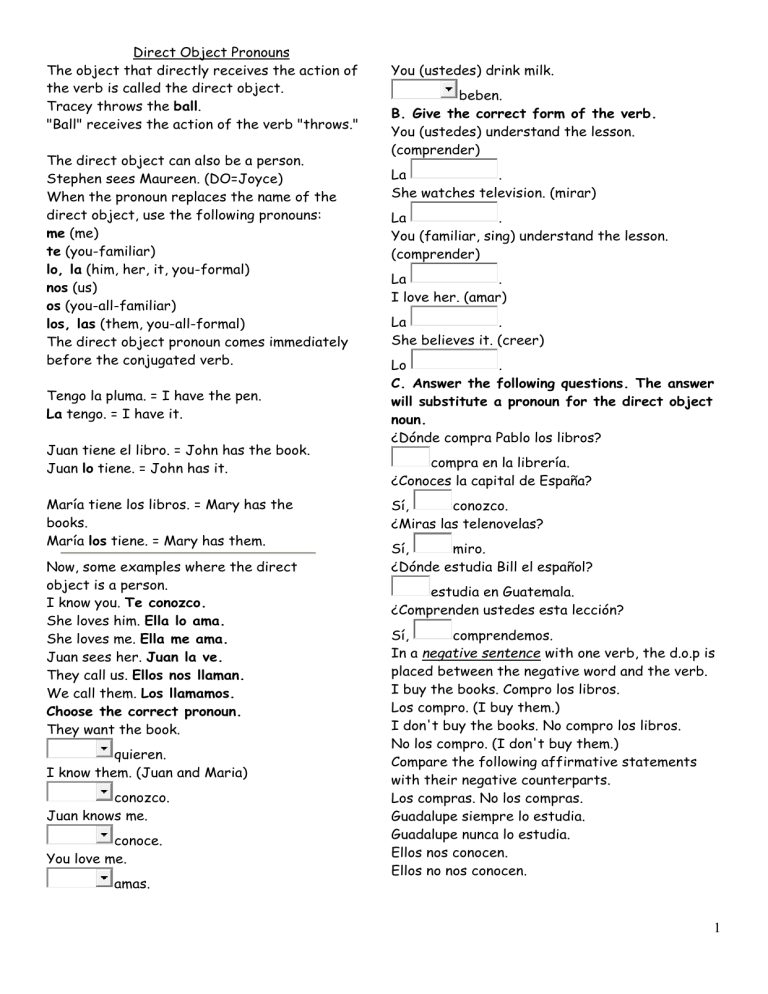 Spanish Direct Object Pronouns Worksheet