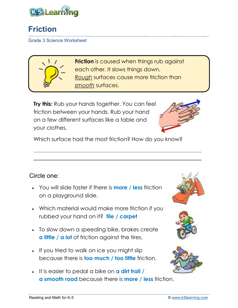 Friction Worksheet: Grade 3 Science