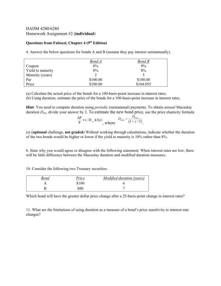 Bond Valuation Homework: Duration & Price Sensitivity