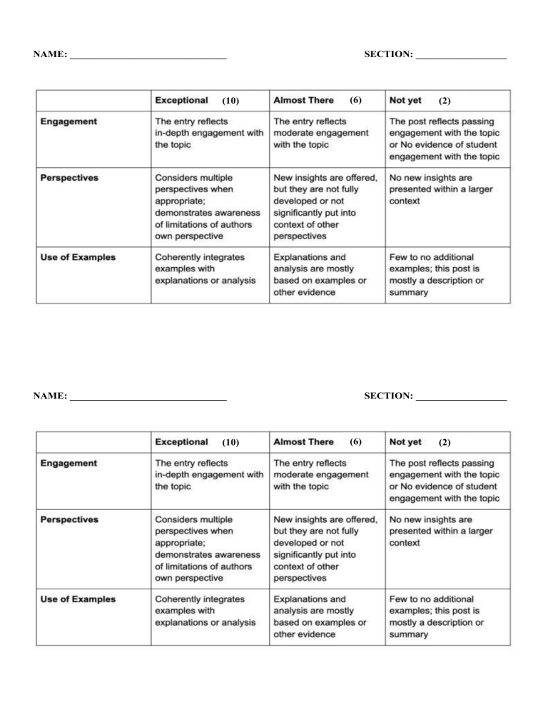 Student Work Rubric: Engagement, Perspectives, Examples