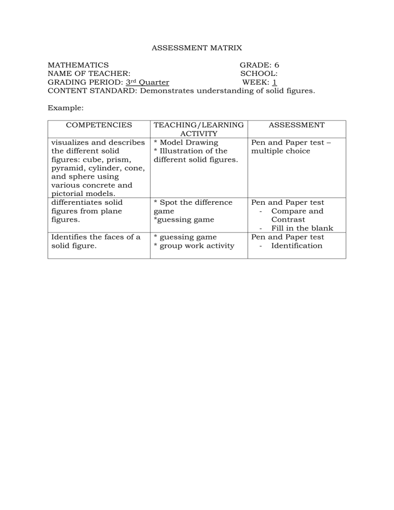 6th Grade Math: Solid Figures Assessment Matrix