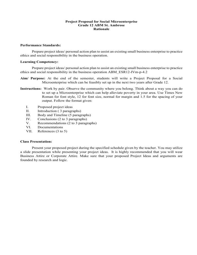 Social Microenterprise Project Proposal for Grade 12 ABM