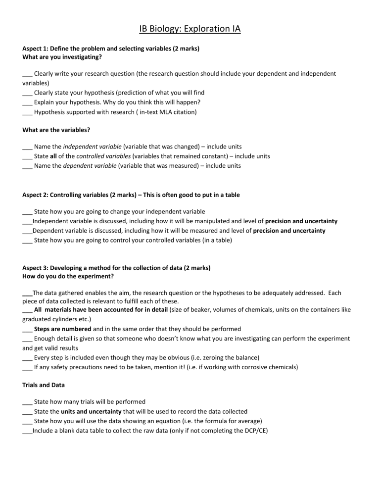 IB Biology Exploration IA Worksheet