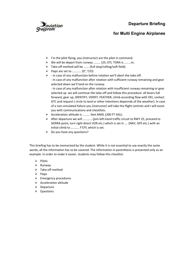 Multi Engine Airplane Departure Briefing Checklist