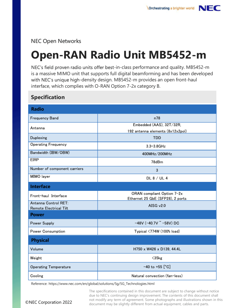 NEC Open-RAN Radio Unit MB5452-m Datasheet