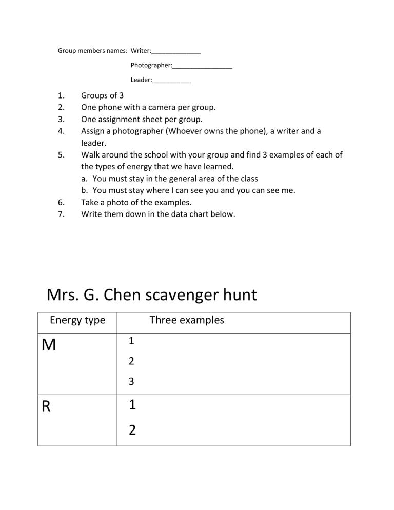 Energy Scavenger Hunt Worksheet