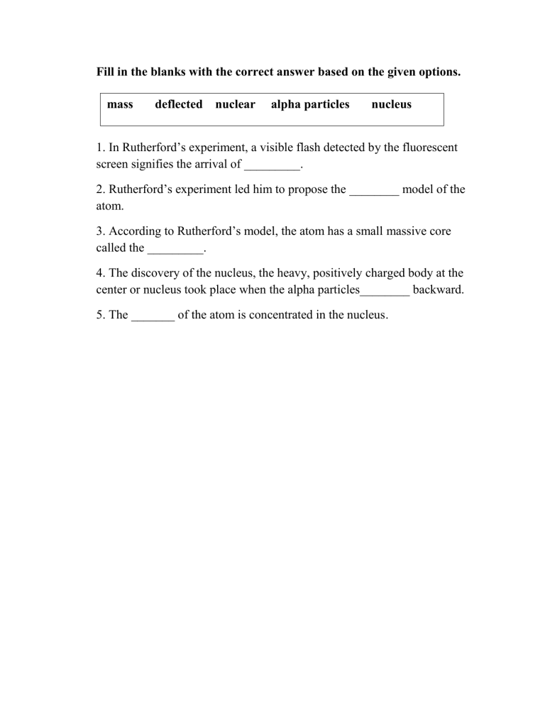 Rutherford's Atomic Model Worksheet