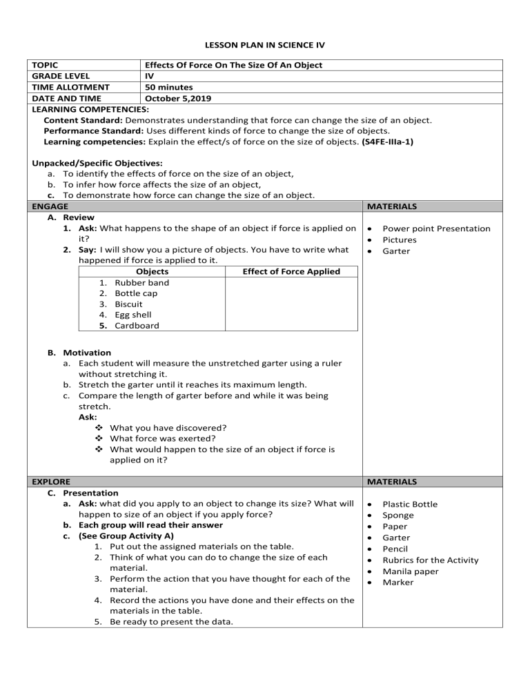 Effects of Force on Size: Science Lesson Plan