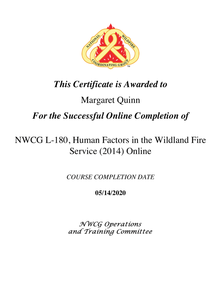 NWCG L-180 Certificate: Human Factors in Wildland Fire