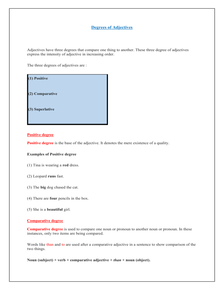 Degrees of Adjectives Worksheet