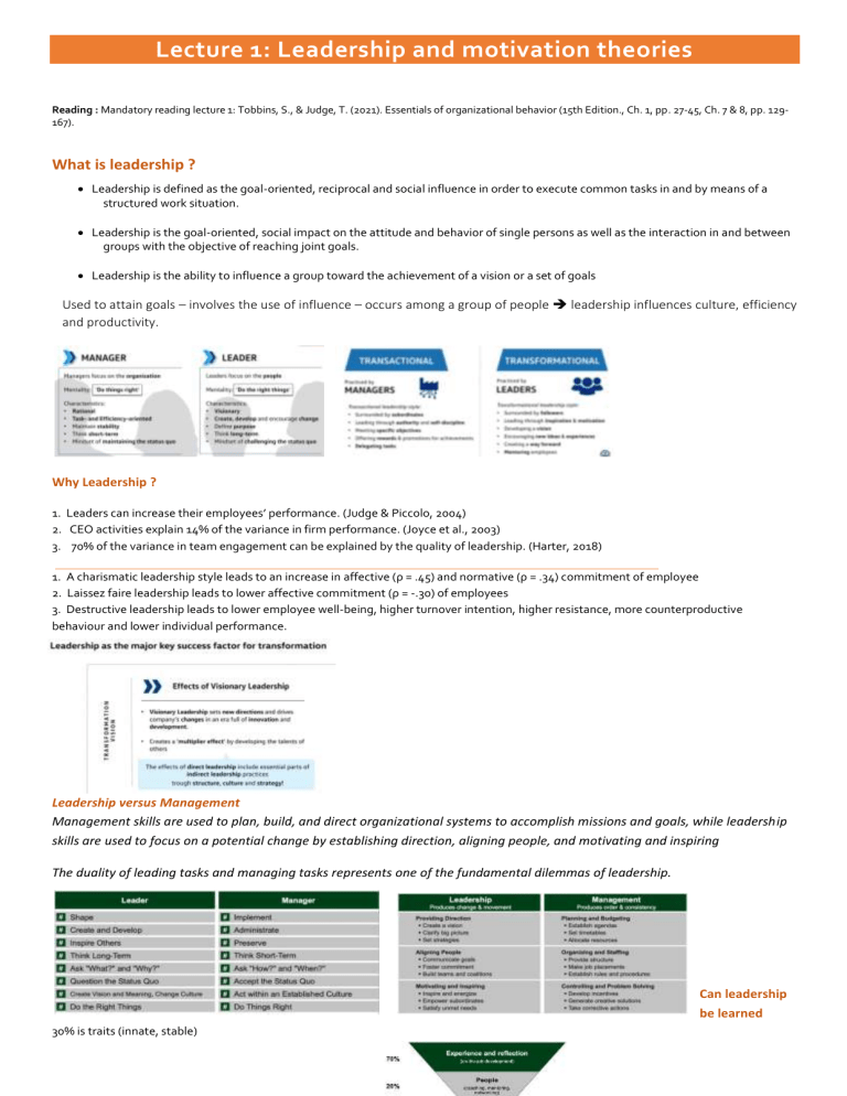 Leadership & Motivation Theories: Lecture Notes