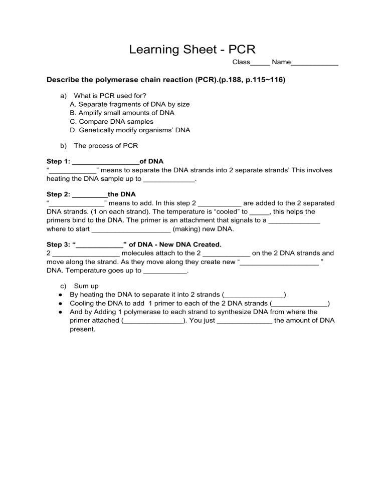 PCR Learning Sheet: Definition, Uses, and Process
