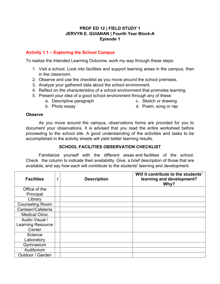 Field Study Activity Sheet: School Environment Observation