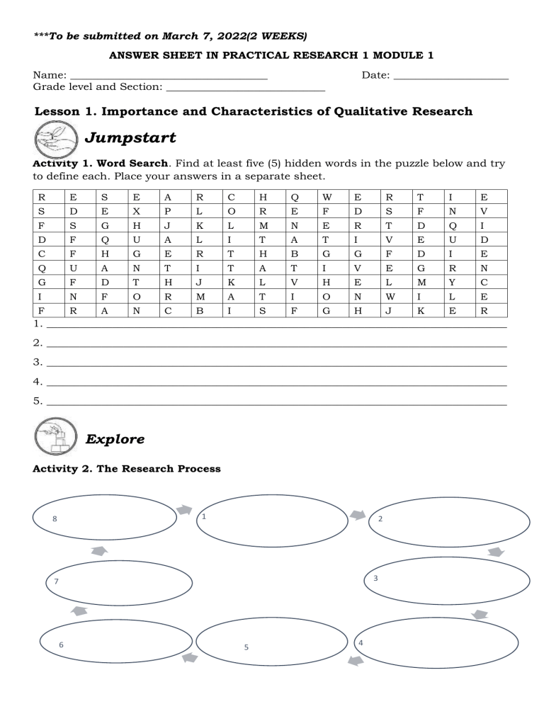 Practical Research 1 Worksheet: Qualitative Research