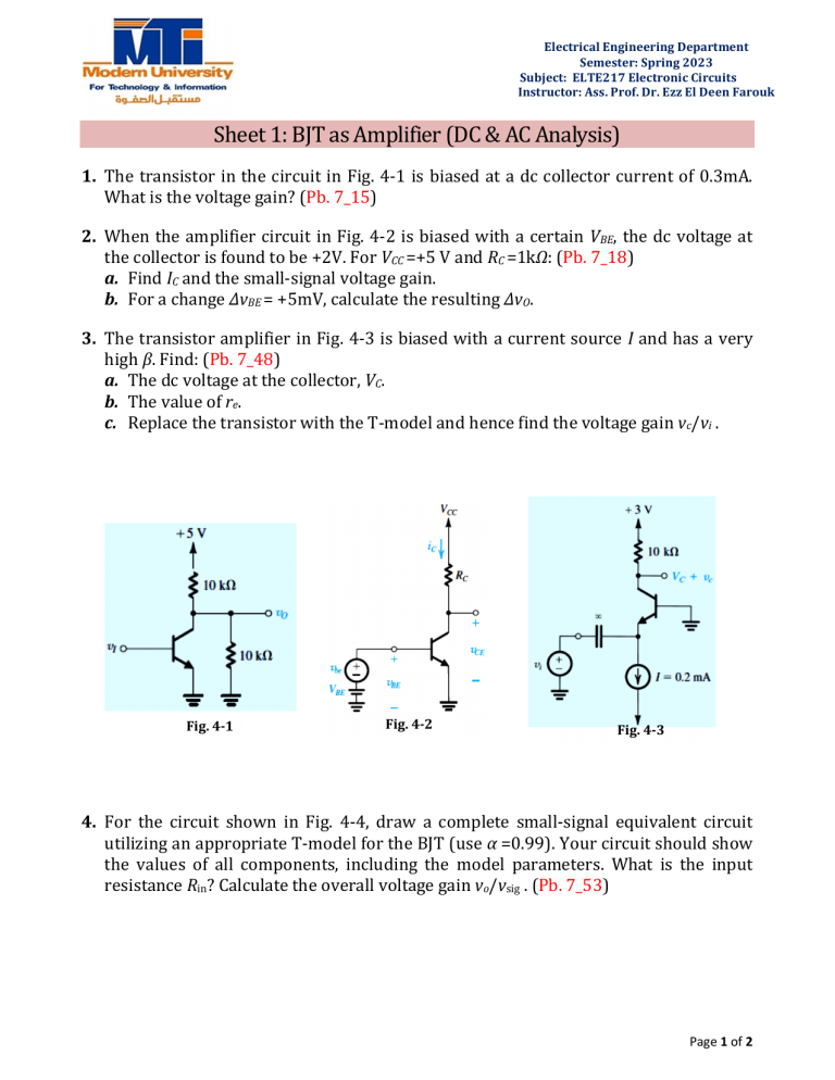 BJT Amplifier Analysis Worksheet