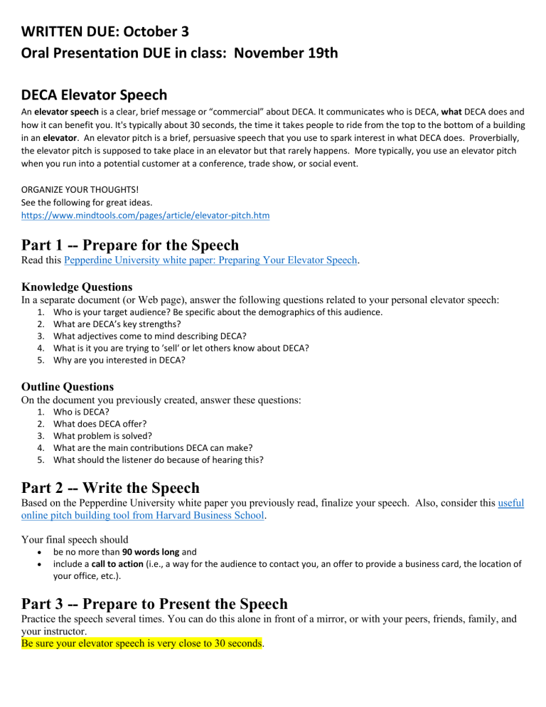 DECA Elevator Speech Assignment: Create & Present