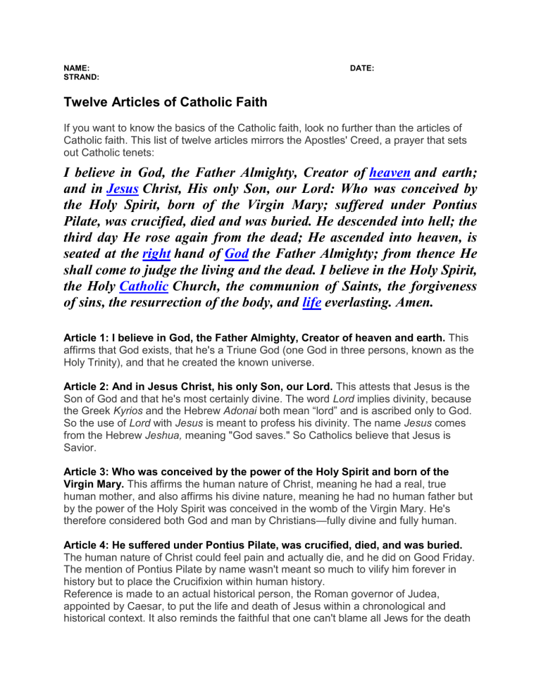 Twelve Articles of Catholic Faith Worksheet