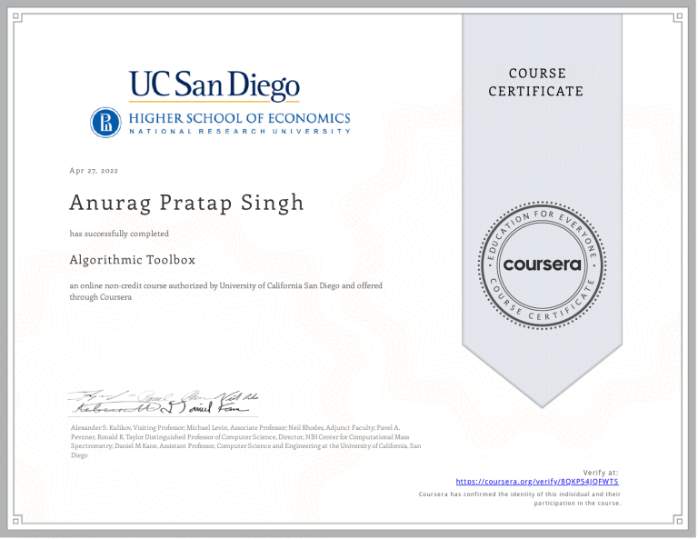 Algorithmic Toolbox Certificate - UC San Diego, Coursera