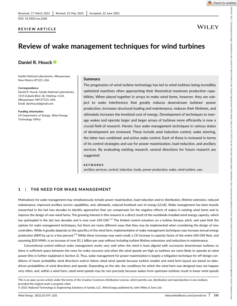 Wind Turbine Wake Management Techniques Review